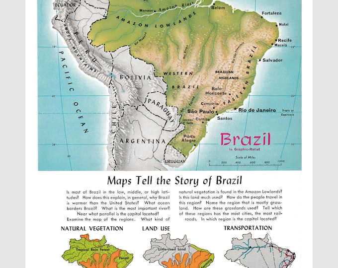 DOWNLOADABLE Classroom Terrain Map of BRAZIL- Vintage Geography Poster ...