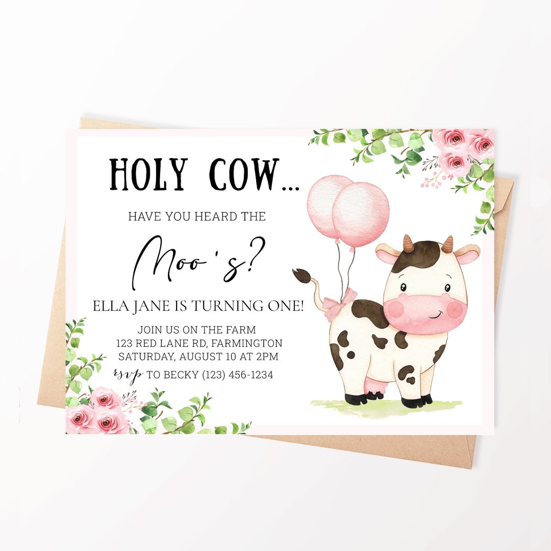 Cow First Birthday Invitation Template. Holy Cow I Am One Customizable ...