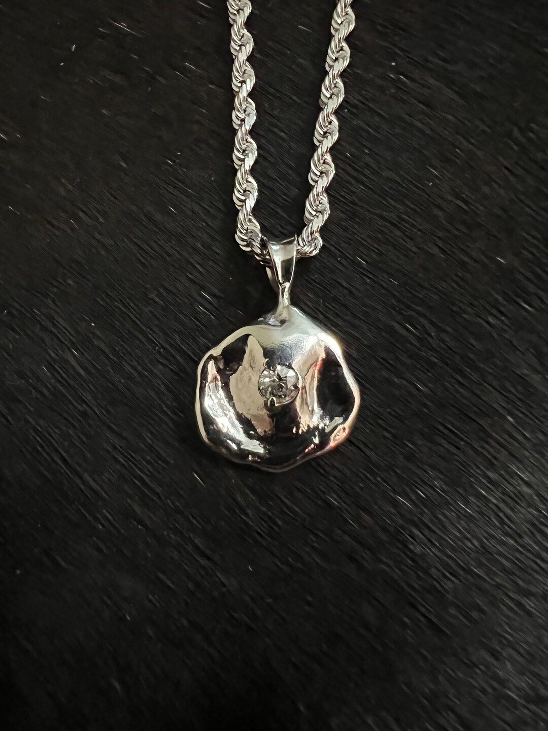 14K White Gold Diamond Nugget Pendant Rope Chain Necklace - Etsy