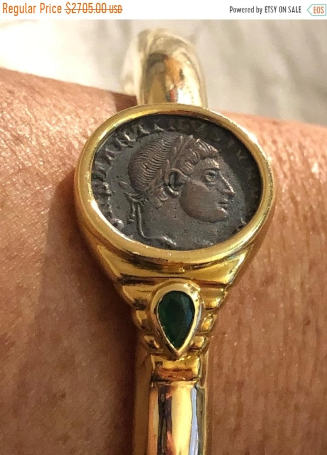14K Solid Yellow Gold Women's Roman Constantine Bronze Coin Emerald ...