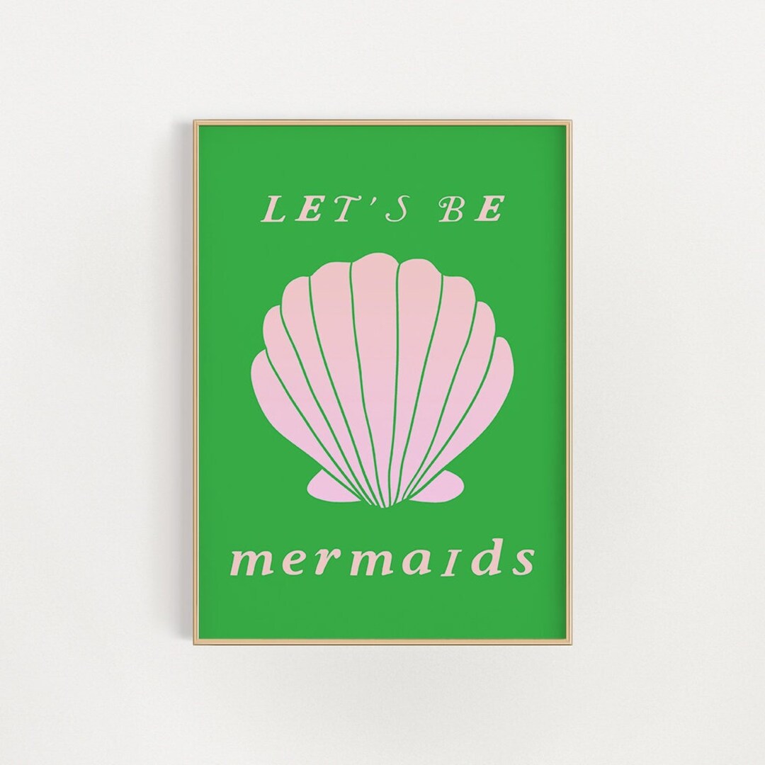 Mermaids Clam Shell Wall Art Print Pink and Green Poster Home Decor ...