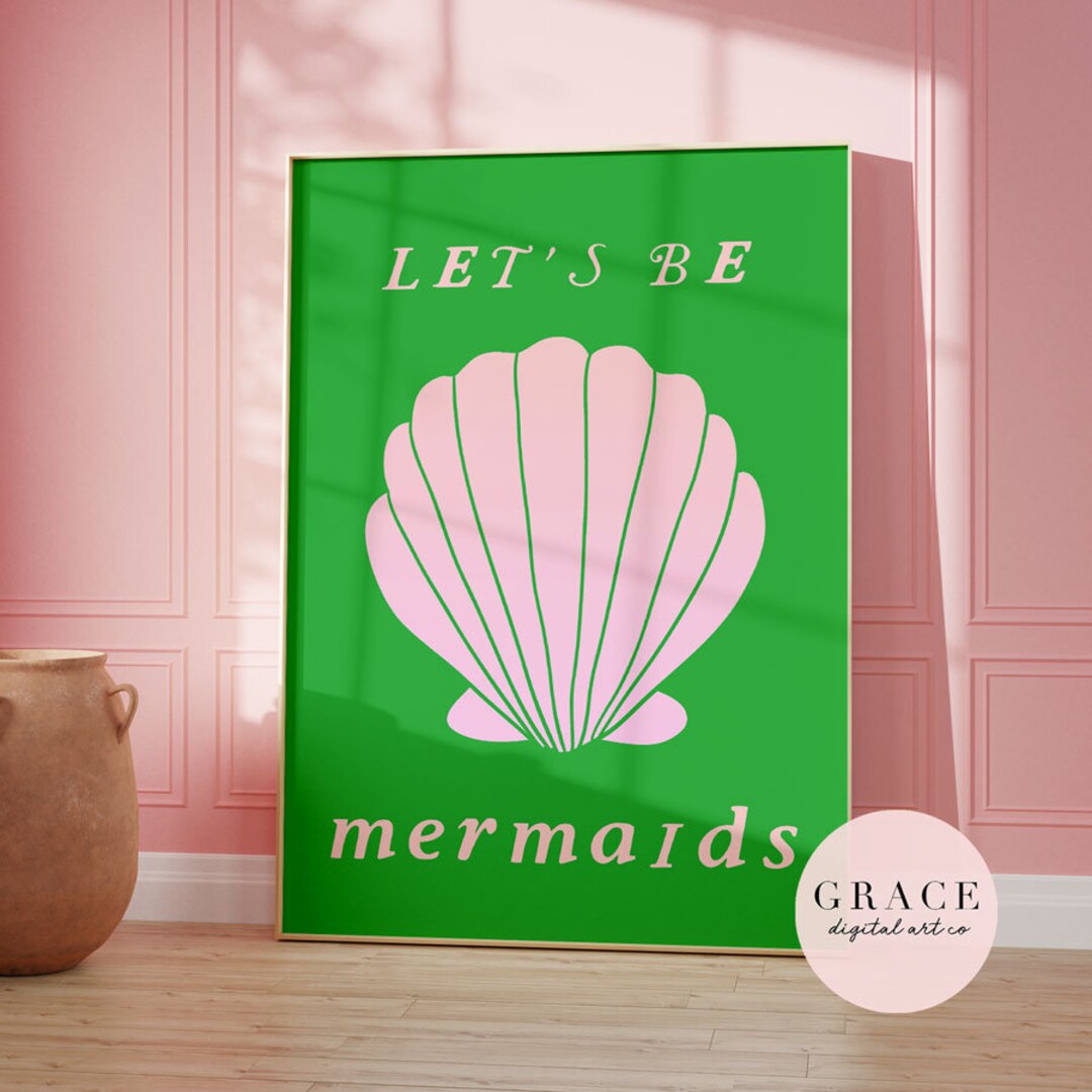 Mermaids Clam Shell Wall Art Print Pink and Green Poster - Etsy