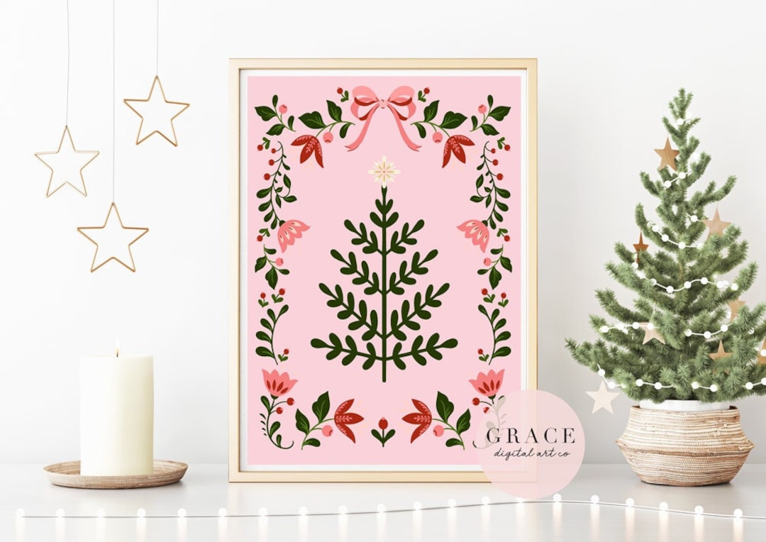 Pink Christmas Print Tree Art Pink Holiday Poster Holiday Wall ...