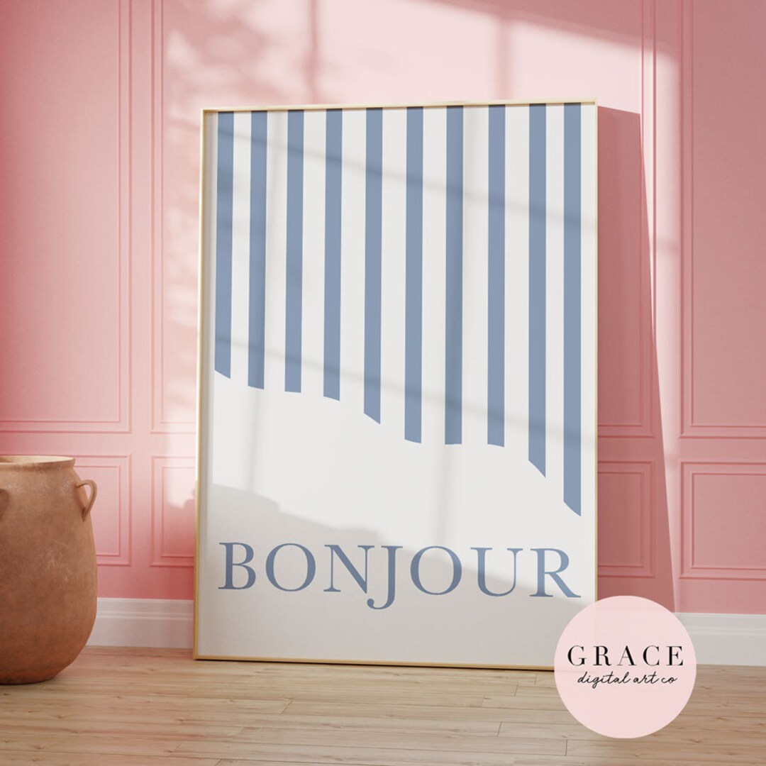 Bonjour Quote Print Blue and White Striped Digital Download French ...