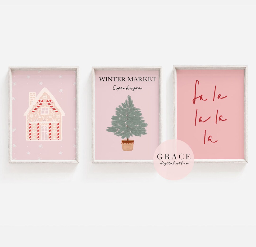 Christmas Print Bundle Set Gingerbread House Art Pink Holiday Poster ...