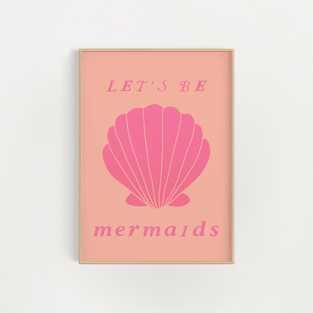 Mermaids Clam Shell Wall Art Print Pink and Green Poster Home Decor ...