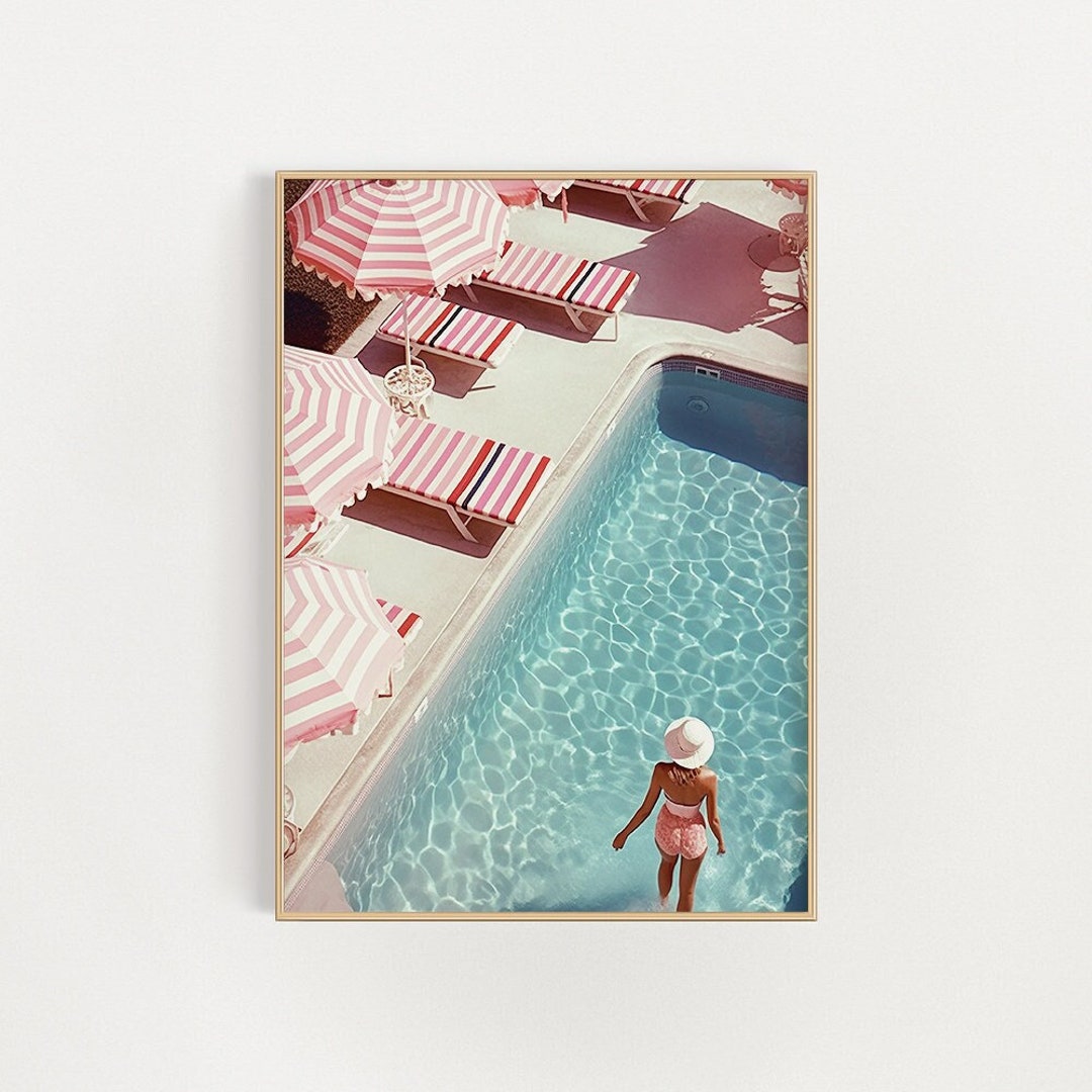 Pink Swimming Pool Print - Pink and White Beach Umbrella Print - Beach ...