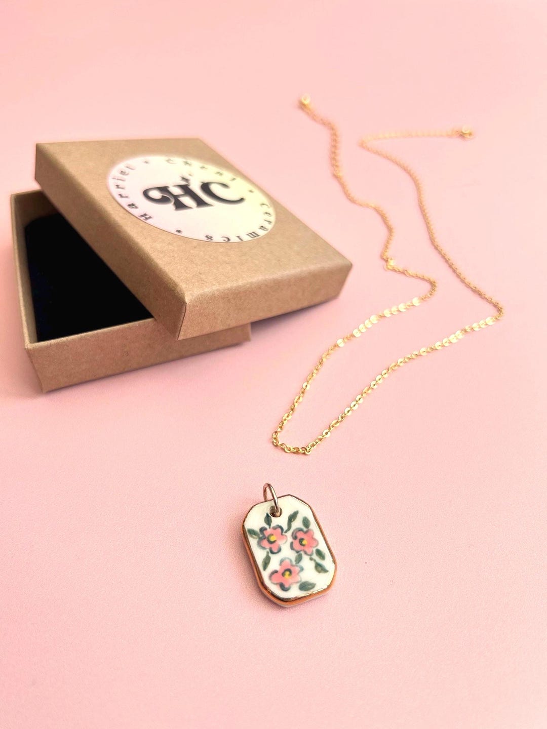 Hand Painted Pink Floral Ceramic Pendant, (2.2cm Length), Gold Luster ...