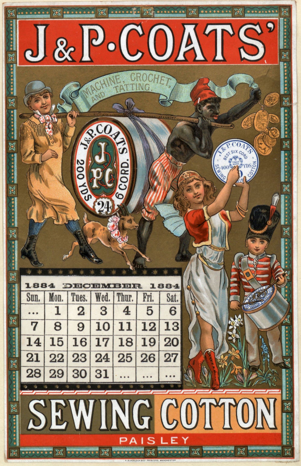 J & P COATS' SEWING COTTON 1884 Calendar Trade Card New Fine Art Giclee ...