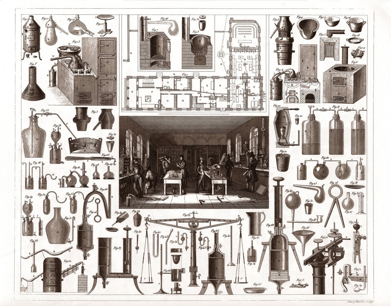 1850 Chemical Laboratory Apparatus Engraving NEW Fine Art - Etsy