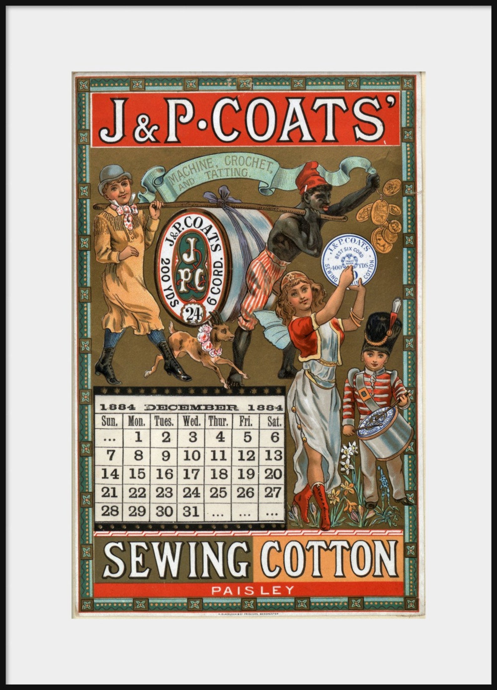 J & P COATS' SEWING COTTON 1884 Calendar Trade Card New Fine Art Giclee ...