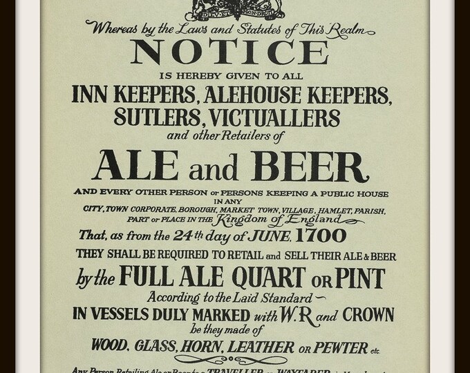 Replica 1699 King William III Act of Parliament Notice. Notice to Inn ...