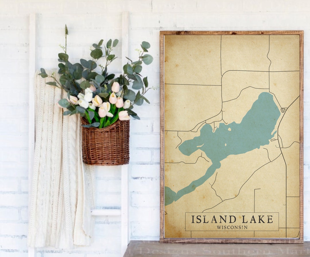 Island Lake Wisconsin Vintage Wood Map Sign , Custom Lake Map Home ...