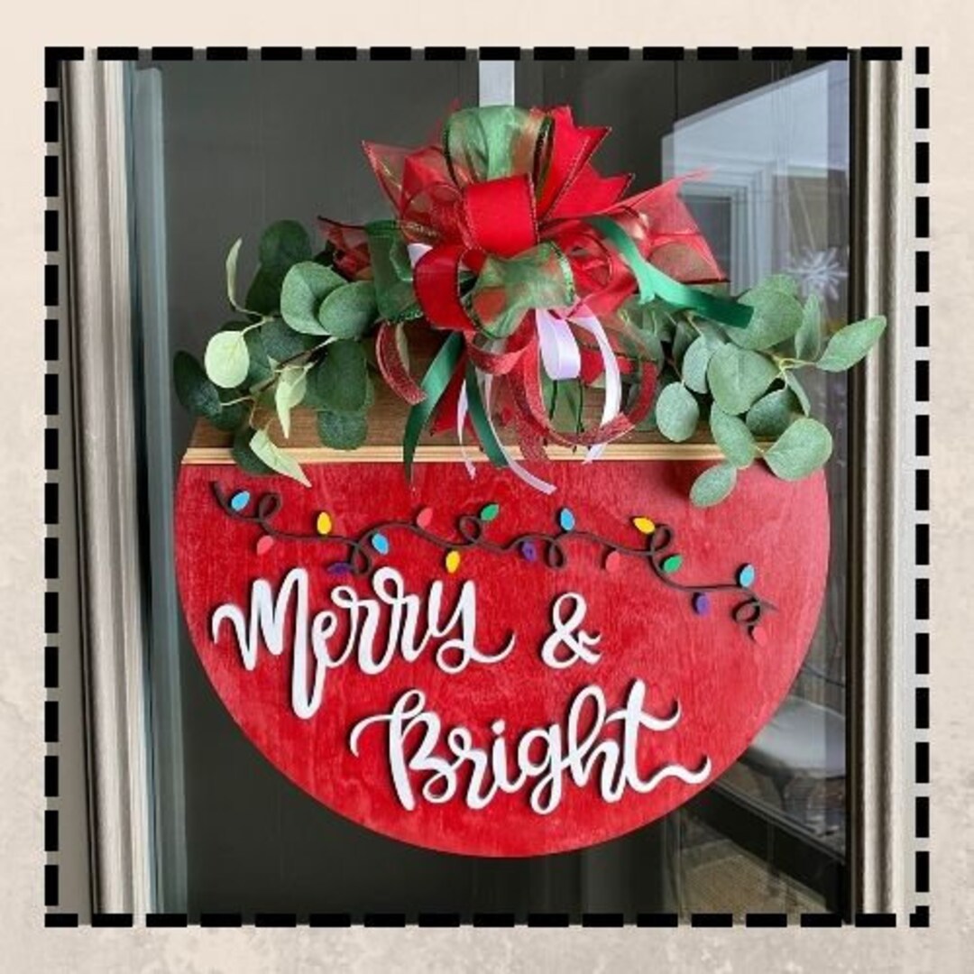 Merry and Bright Christmas Holiday Wood Door Hanger With Seasonal Home ...