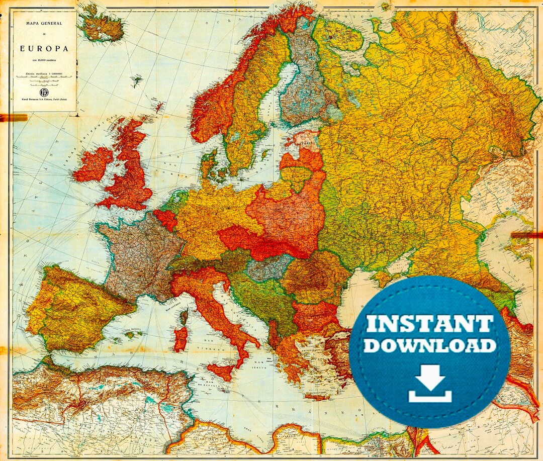 Digital Vintage Europe Map, Printable Vintage European Map, Map of ...