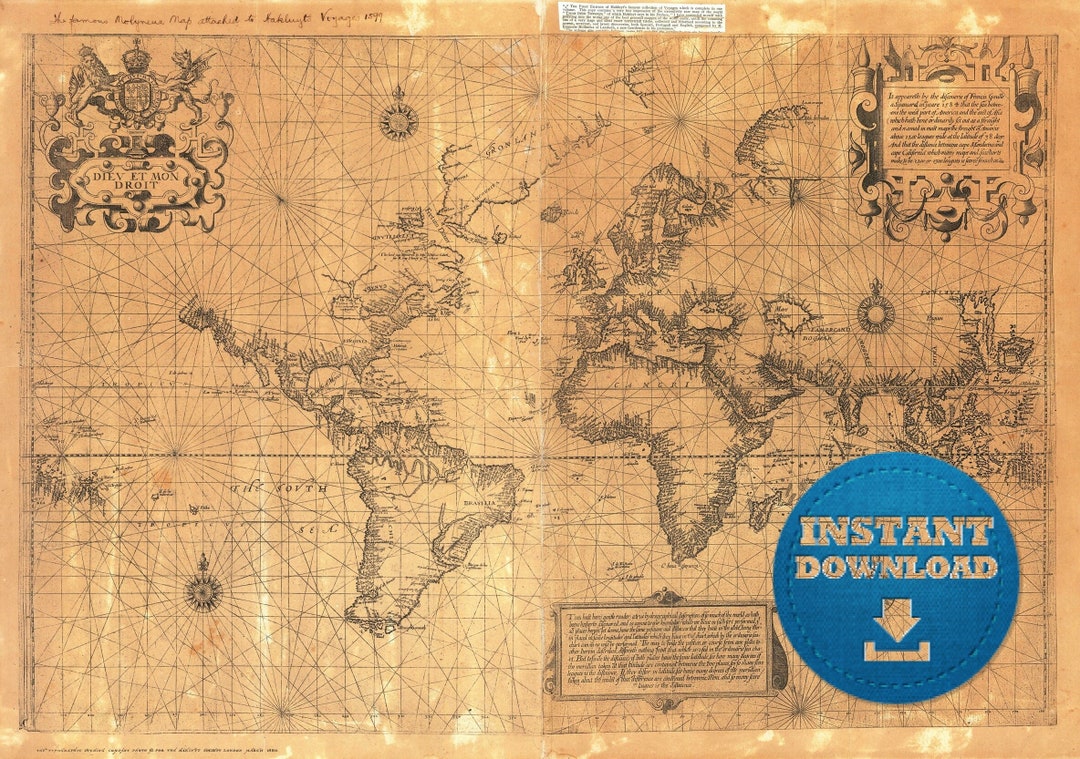 Vintage World Map Print: 1880 Golden Bronze Antique (digital Download ...