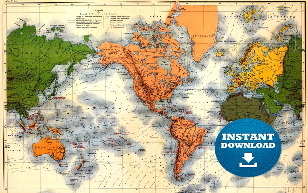 Colorful America Centric Digital Vintage Printable World Map Download ...