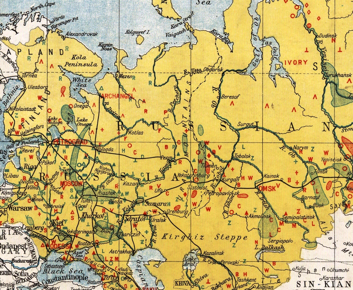 Vintage Yellow Russia Map Poster, 19th Century Eastern Europe - Etsy