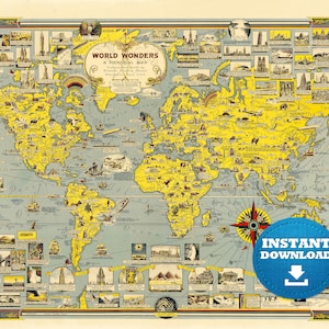 Digital Vintage World Map Printable Download. World Wonders World Map ...