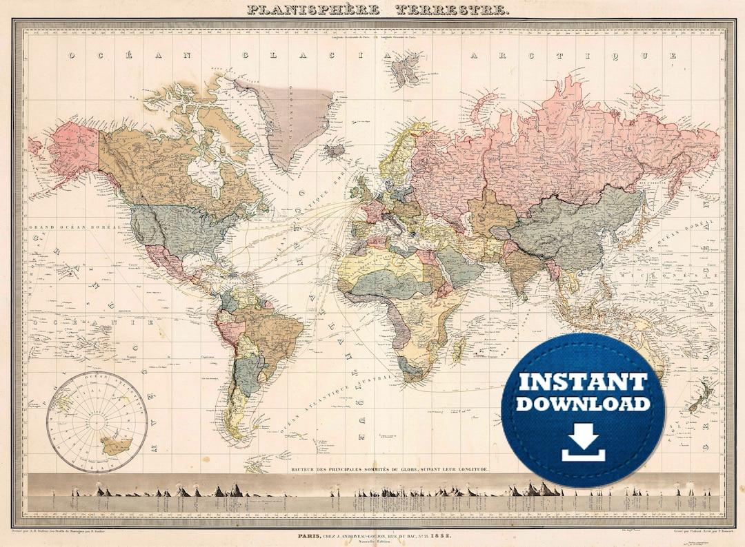 Vintage French World Map: Colorful Antique Planisphere (digital ...