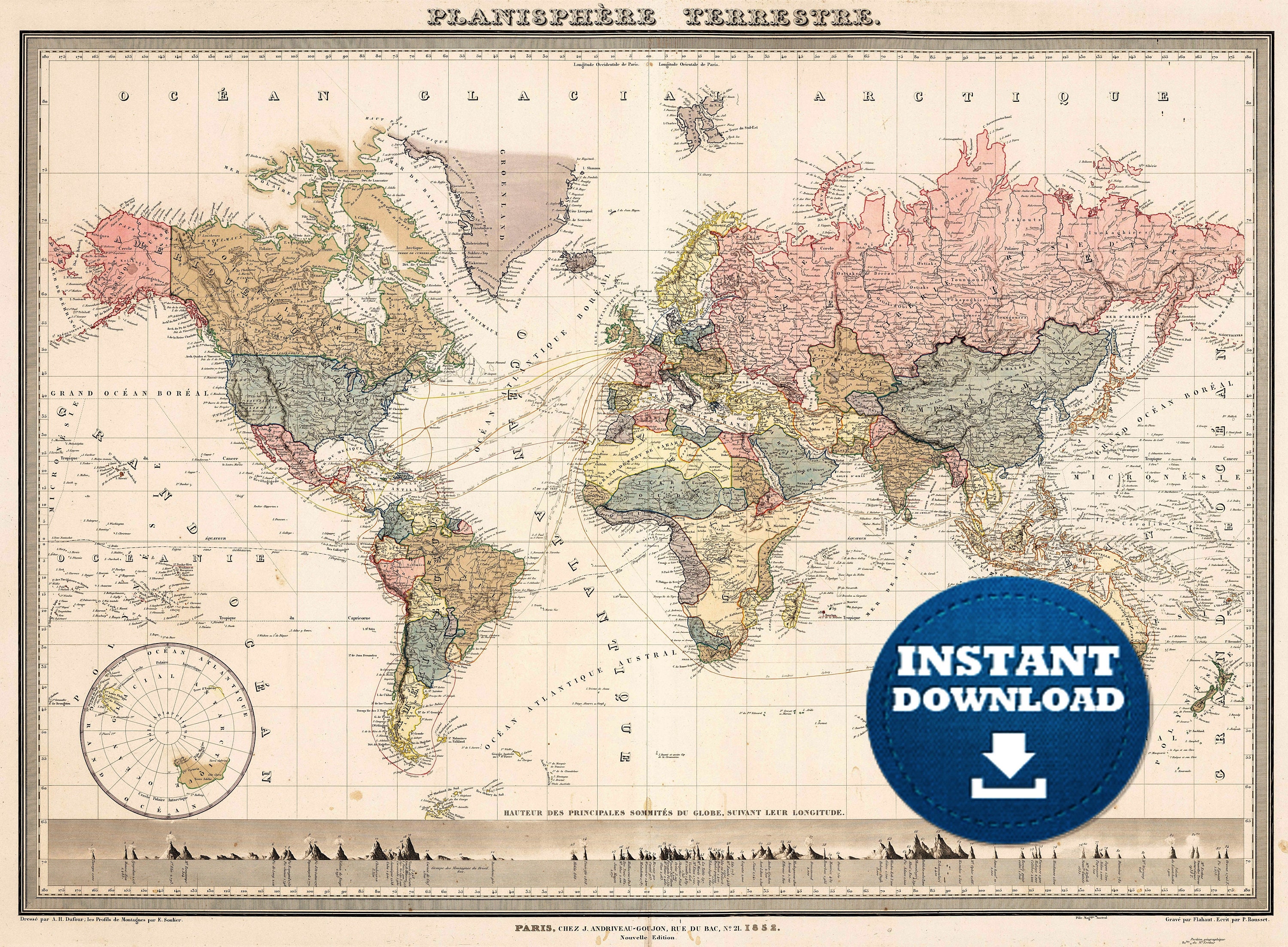 Colorful Digital Vintage Pink World Map Printable Download - Etsy Australia
