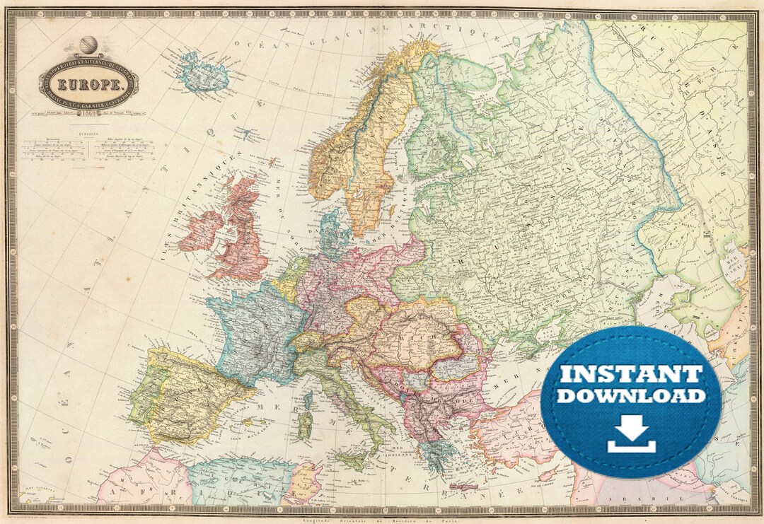 Digital Vintage Map of Europe Printable Download. Antique Europe Map ...
