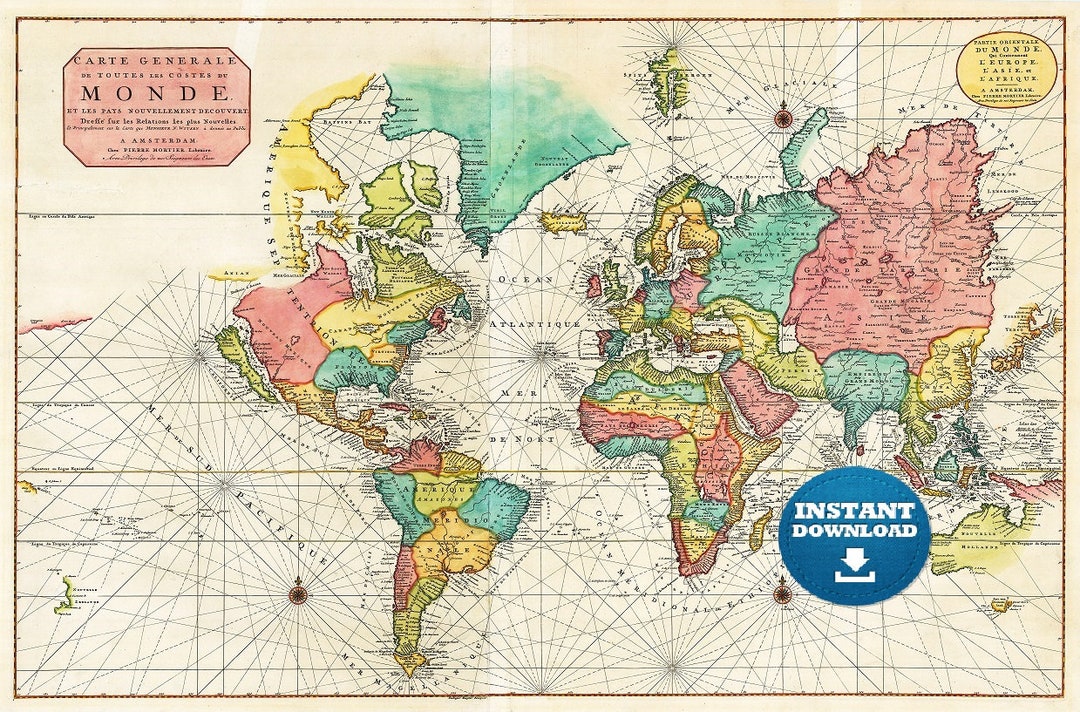 Colorful Light Colors Digital Vintage Printable World Map Download ...