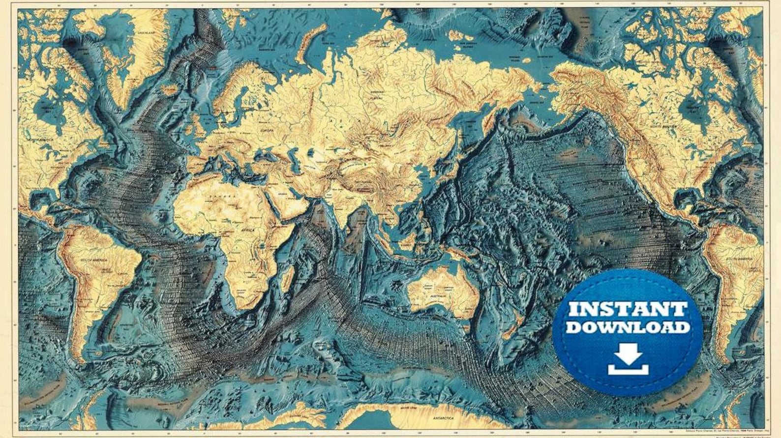 Digital Ocean Relief World Map Printable Download, Yellow Continents ...