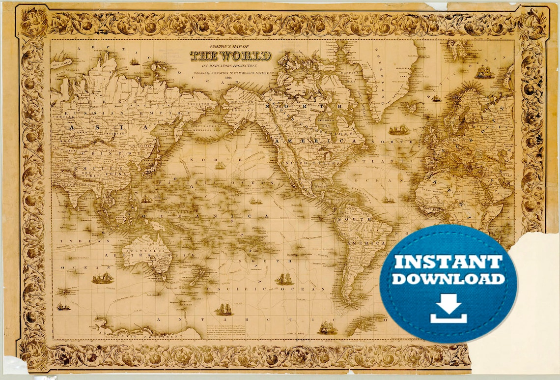 Digital Vintage World Map Printable Download 1864. Vintage World Map ...