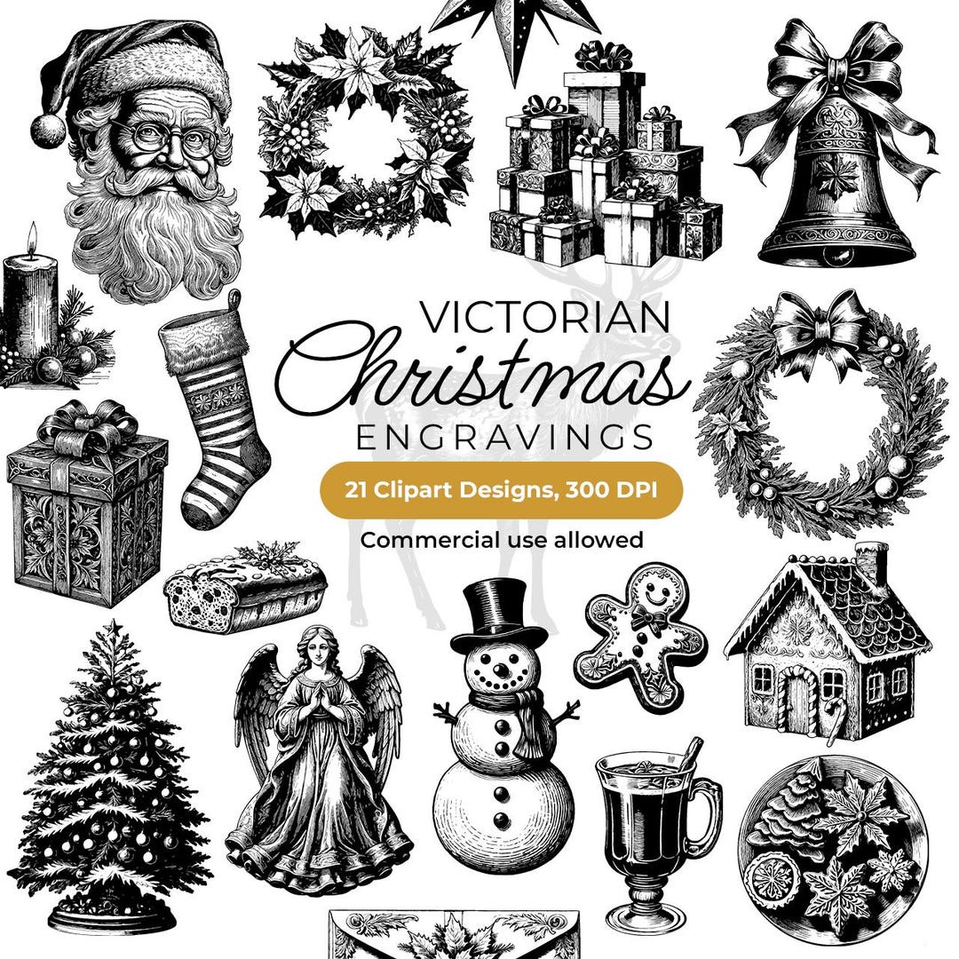 Vintage Christmas Engraving Clipart. 21 Retro Clipart Designs - Etsy