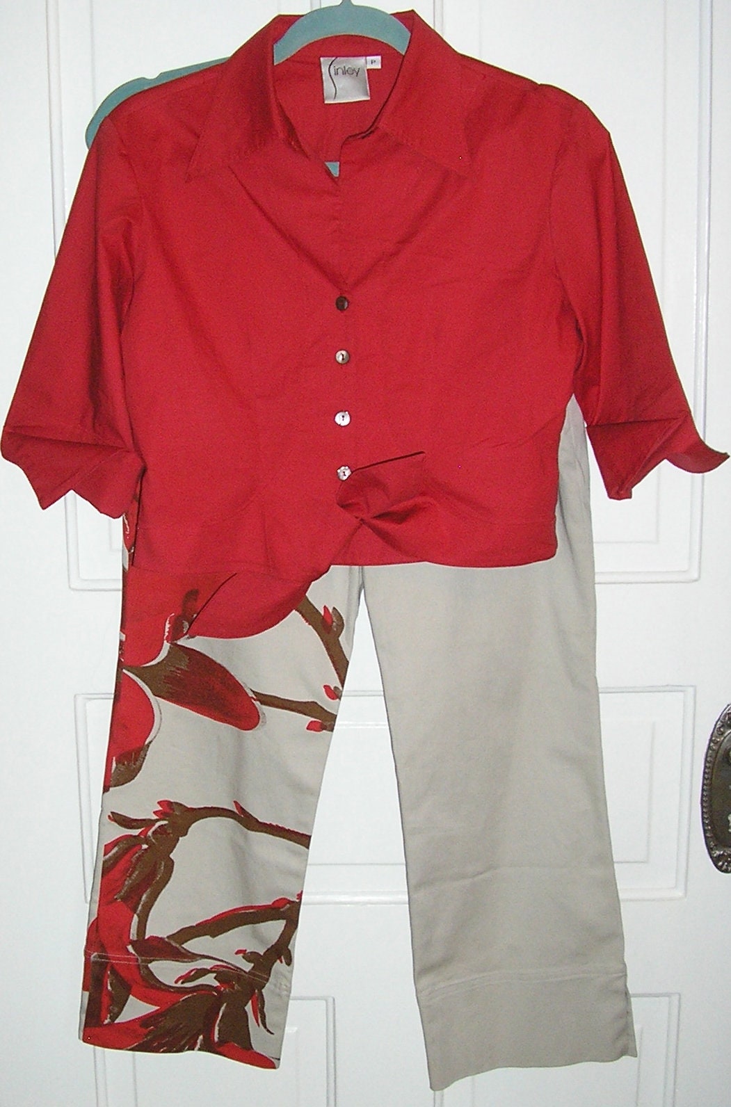 Vintage 90s, Finley, Red Cotton Tie Blouse and Floral Capris, Size 2 ...