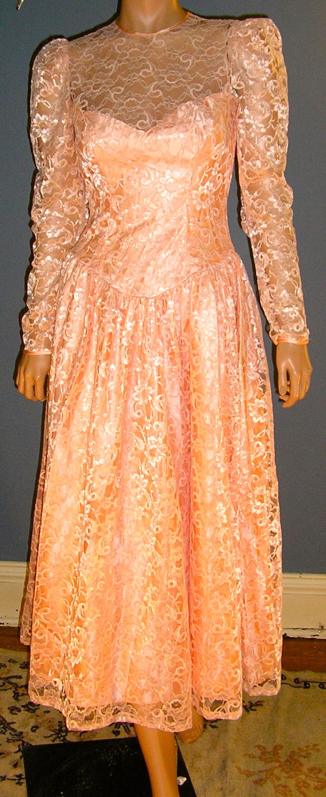 SALE Vintage 70s, Peach, Lace, Prairie Style, Tea Length, Formal Dress ...