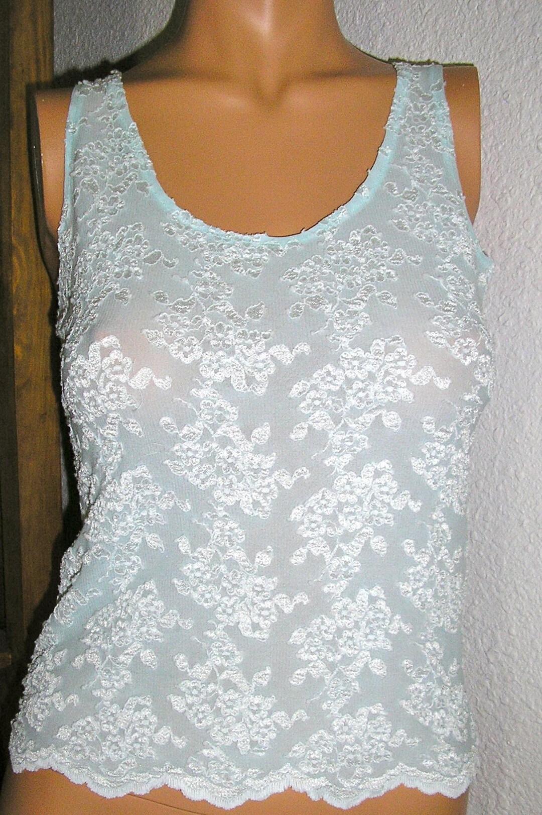 Vintage 90s, Semi Sheer, Powder Blue Sleeveless Top, Lace Embellished ...