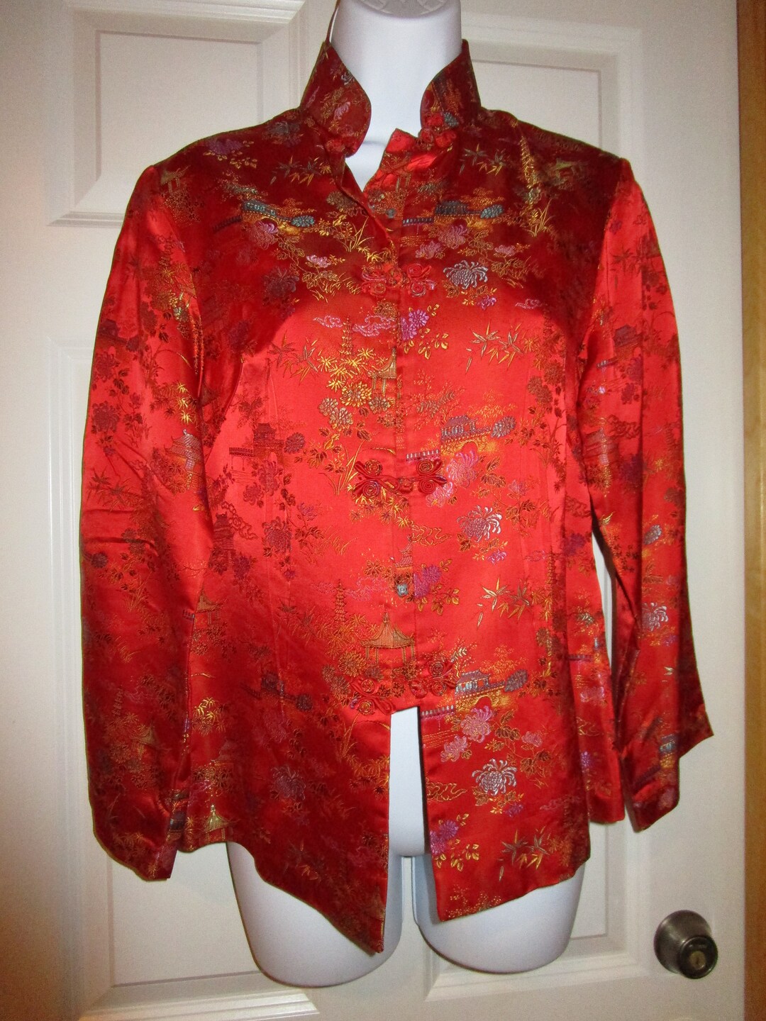 Vintage Oriental, Asian ,red Jacket, Frog Closures, 100% Rayon, Peony ...