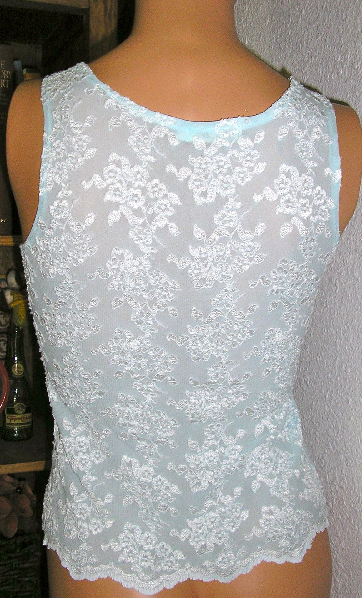 Vintage 90s, Semi Sheer, Powder Blue Sleeveless Top, Lace Embellished ...