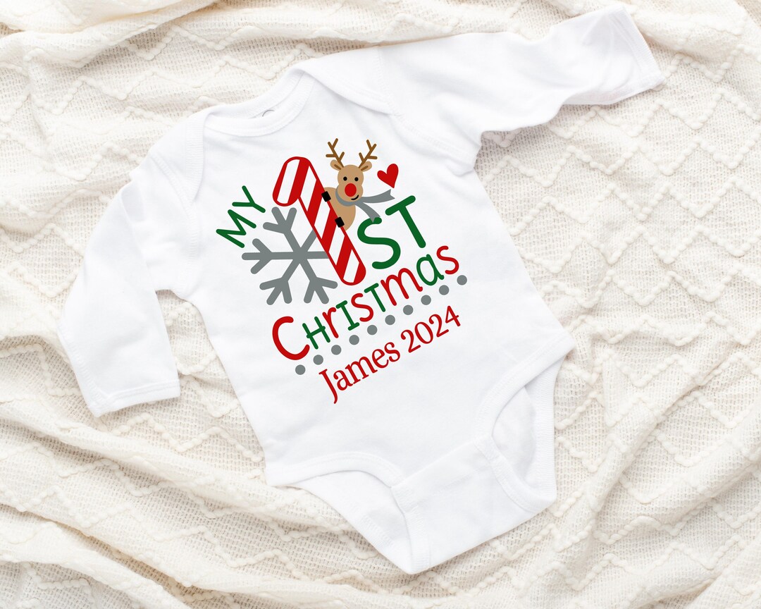 Baby Boy My First Christmas Outfit, Personalized Reindeer Bodysuit or ...