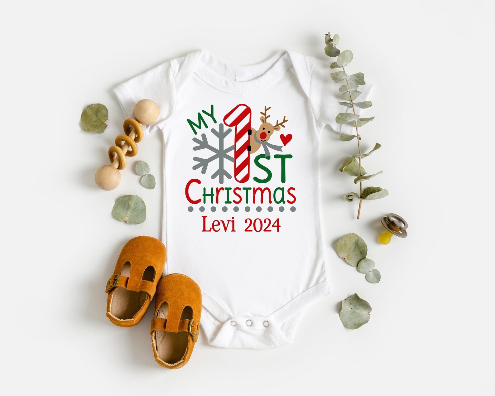 Baby Boy My First Christmas Outfit, Personalized Reindeer Bodysuit or ...