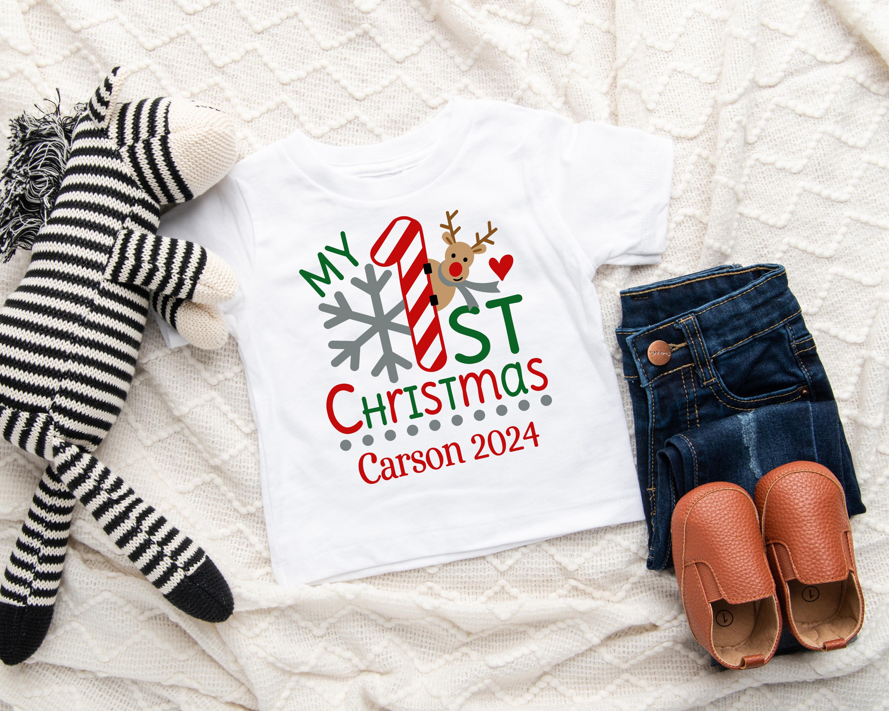 Baby Boy My First Christmas Outfit, Personalized Reindeer Bodysuit or ...