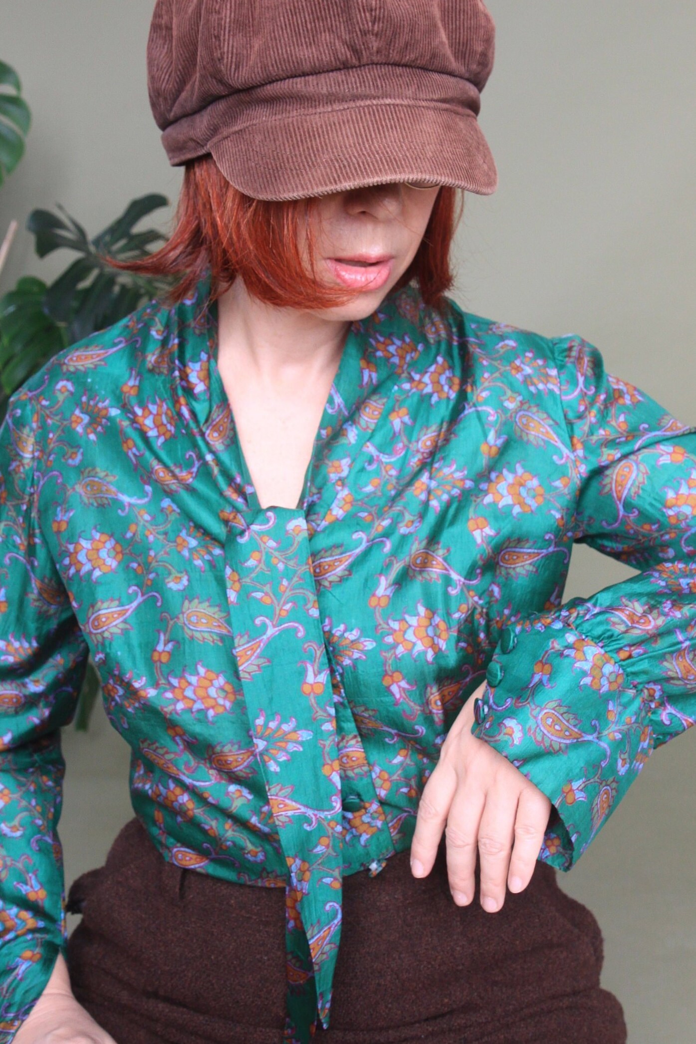 Emerald Green Silk Ascot Blouse Paisley Printed Blouson Rusty Orange ...