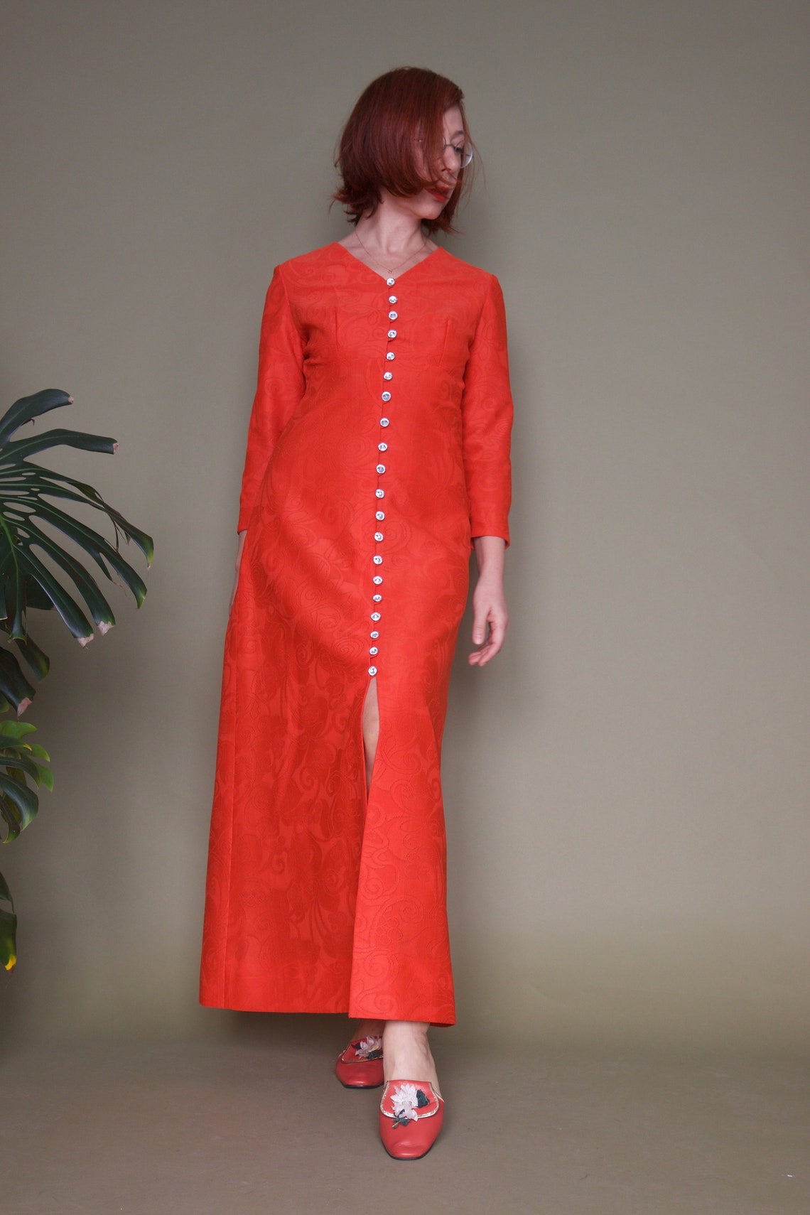 Vintage 70s Gown Scarlet Red Lace Multibuttoned Dress Deep - Etsy
