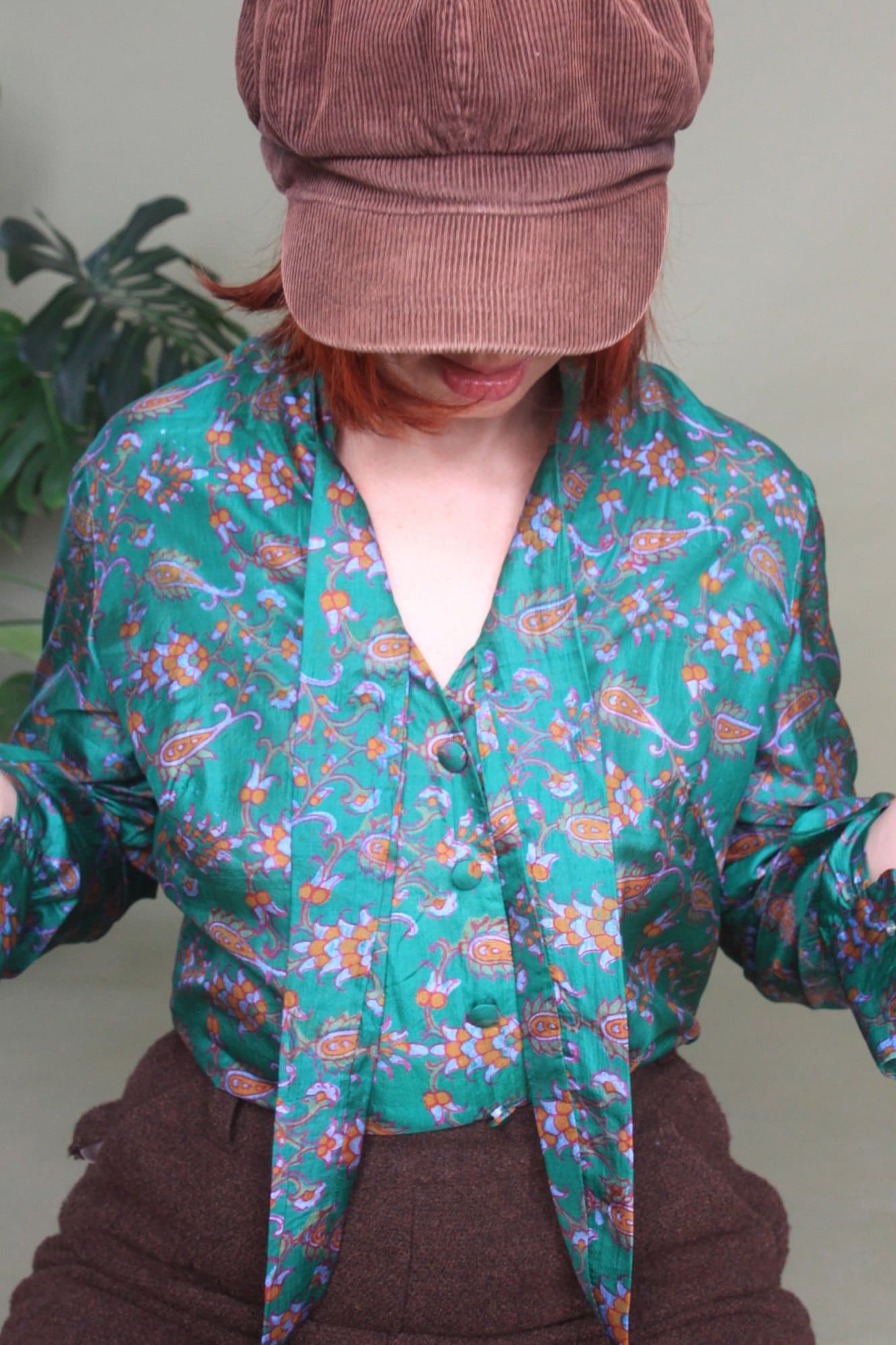 Emerald Green Silk Ascot Blouse Paisley Printed Blouson Rusty Orange ...