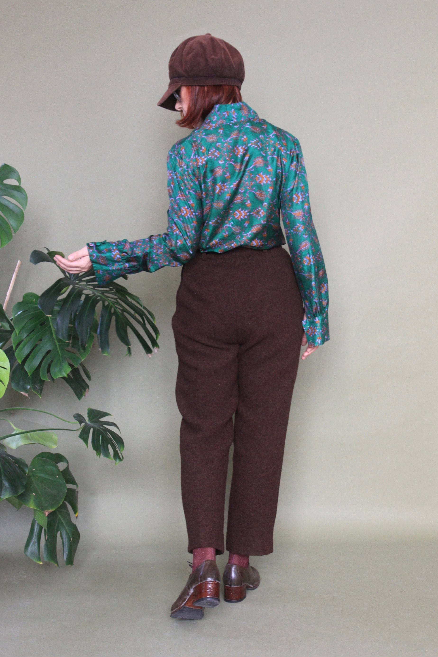 Emerald Green Silk Ascot Blouse Paisley Printed Blouson Rusty Orange ...