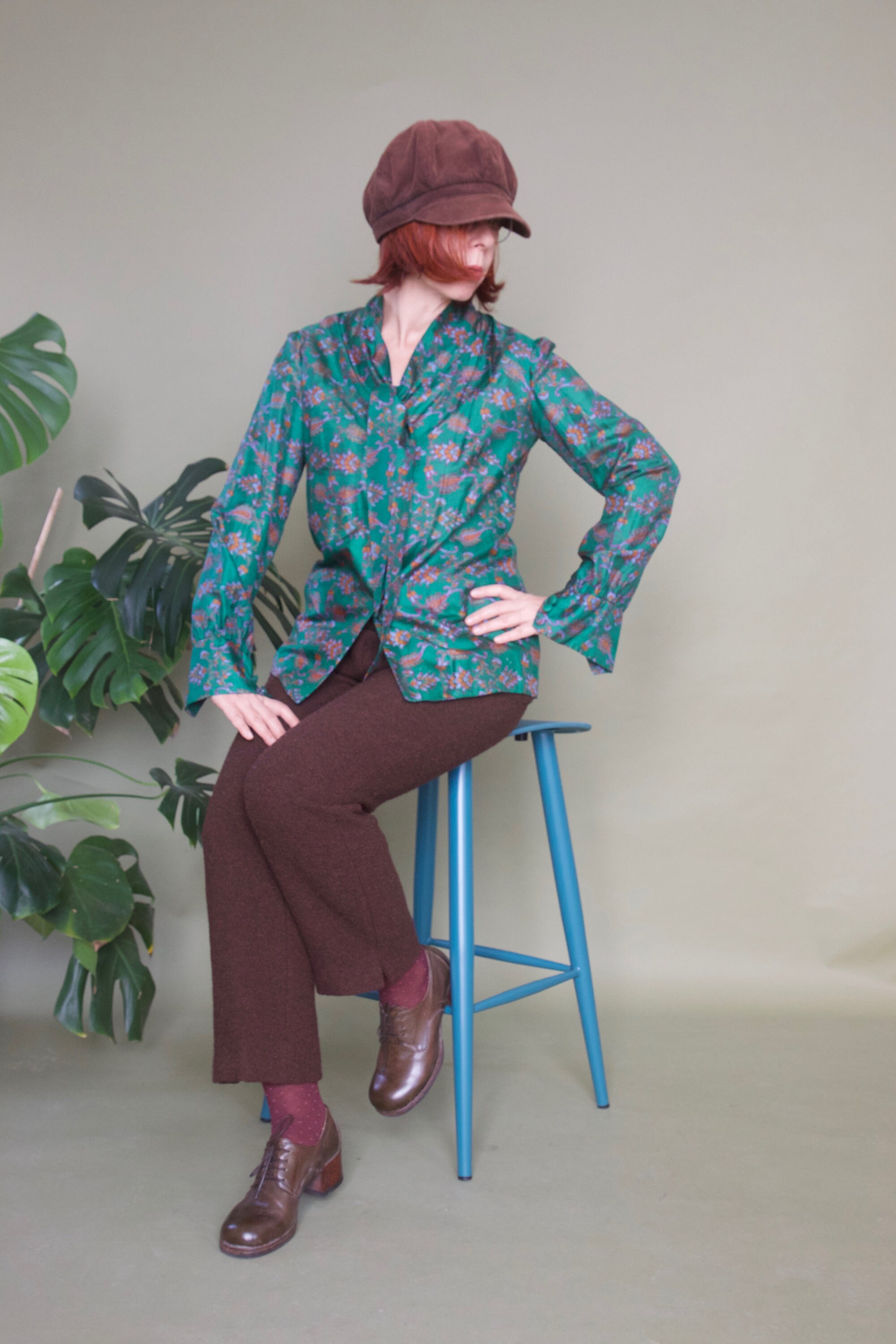 Emerald Green Silk Ascot Blouse Paisley Printed Blouson Rusty Orange ...