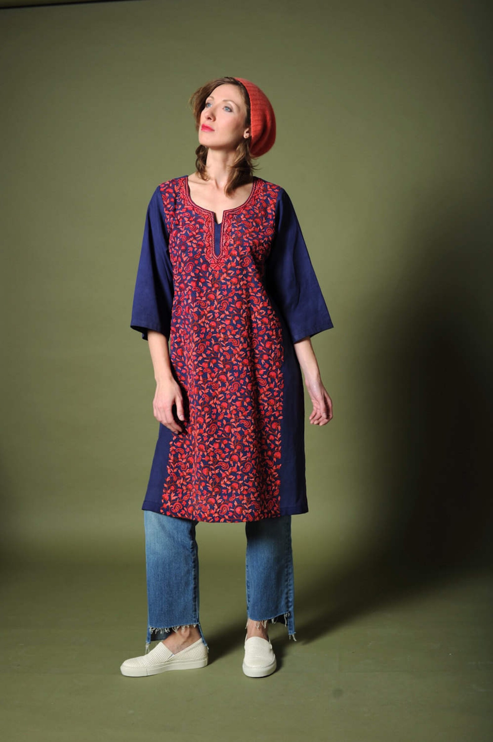 Vintage Dress Vintage 70s Caftan Indigo Fuchsia Caftan Embroidered ...