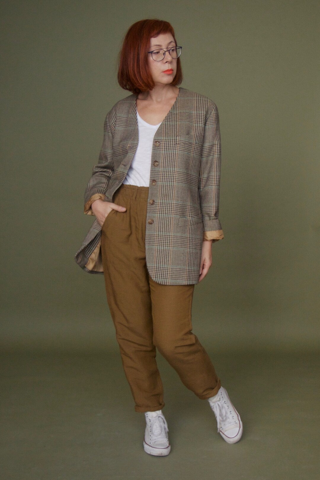 Checked Georges Rech Jacket Vintage 80s Wool Blazer Fully Lined V Neck ...