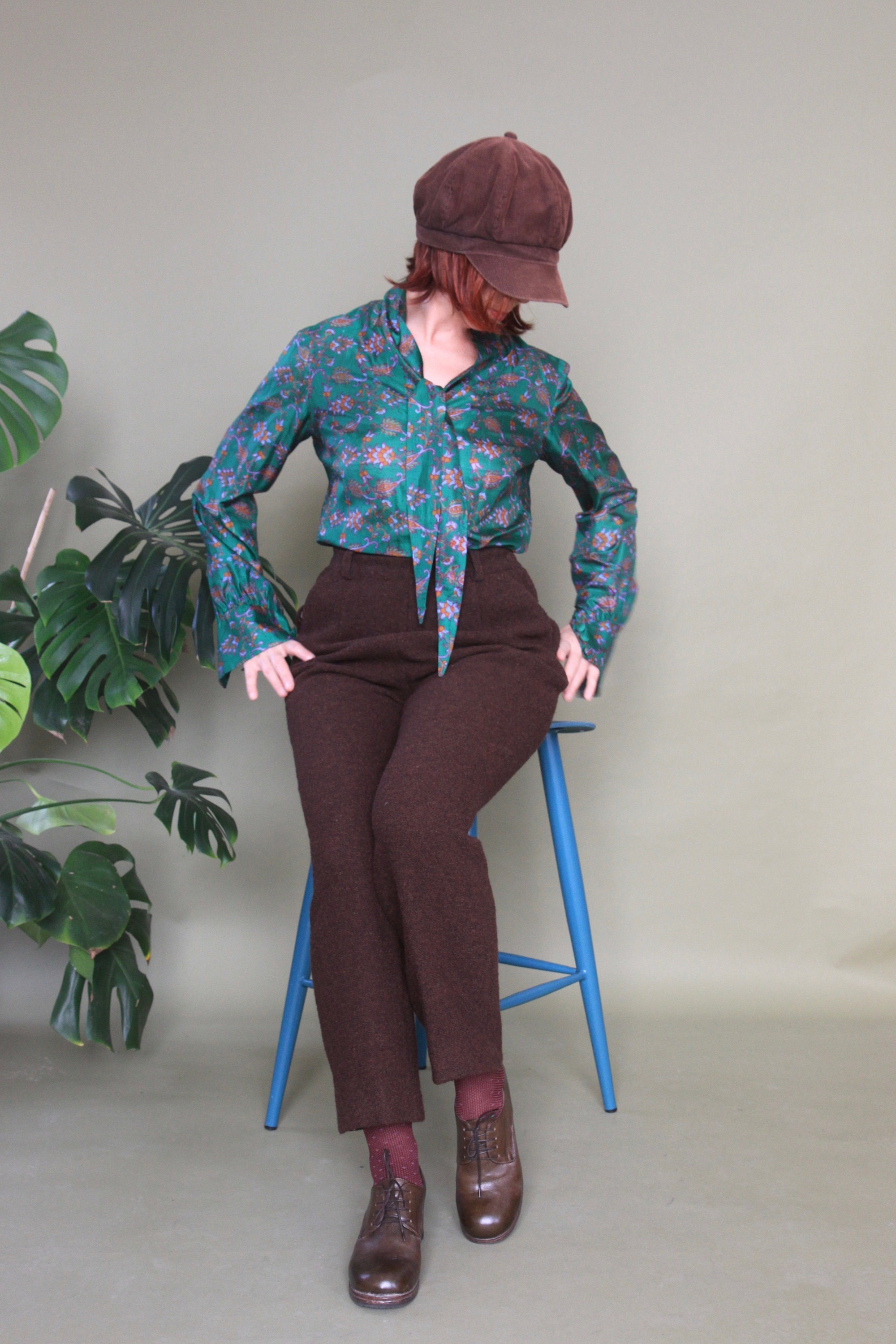 Emerald Green Silk Ascot Blouse Paisley Printed Blouson Rusty Orange ...