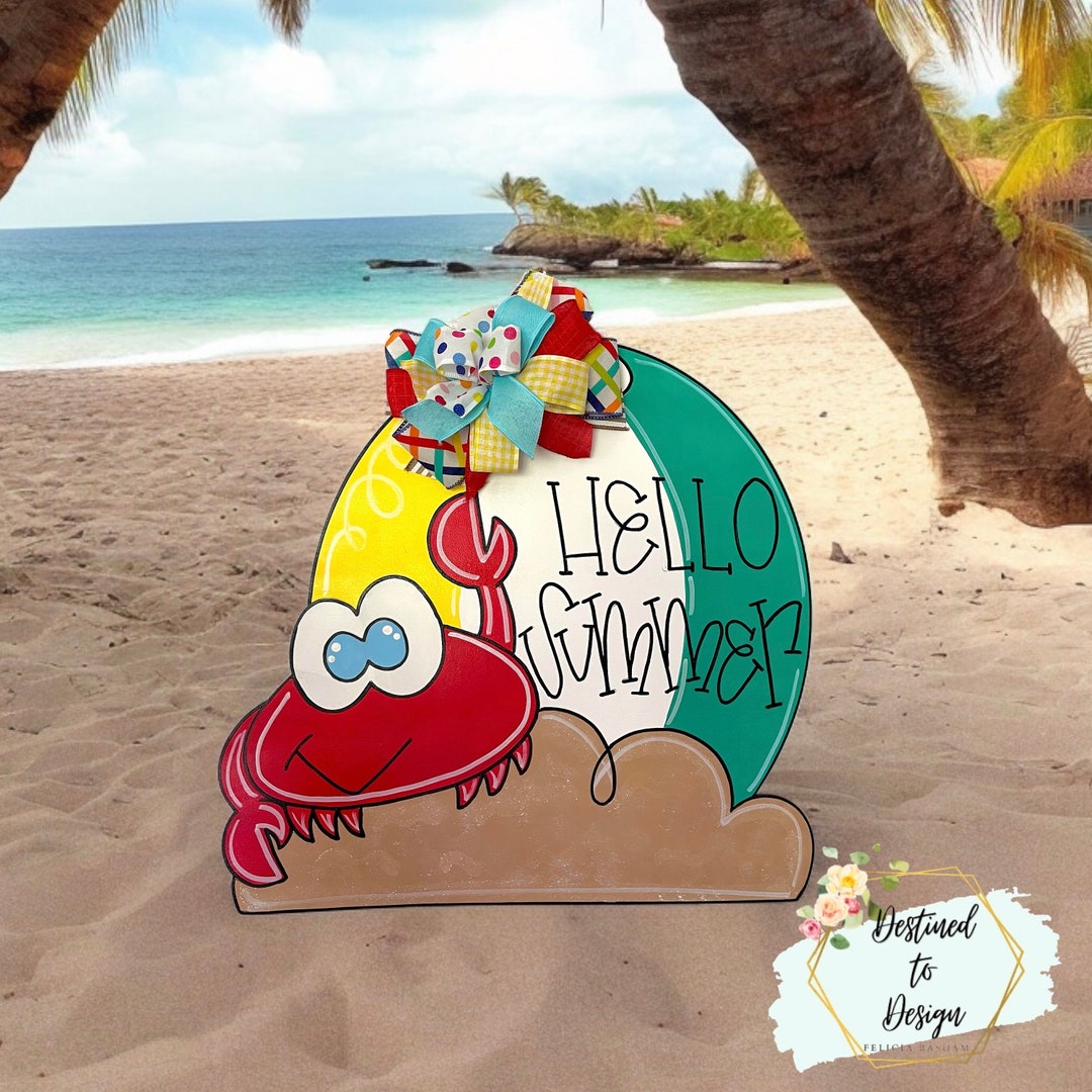 Hand-painted “hello Summer” Crab & Beach Ball Wooden Door Hanger ...