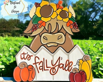 Pre Order Highland Cow With Sunflowers Pumpkins and Fence 23x21 Painted ...