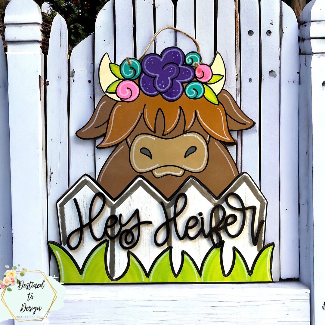 Cow Door Hanger Hey Heifer Sign Highland Cow - Etsy