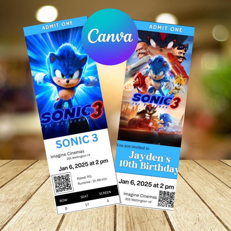 Editable Sonic 3 Movie Ticket Birthday Invitation, Editable Sonic 3 ...